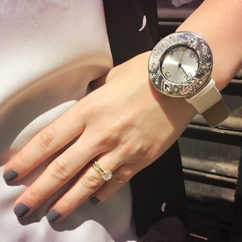 Women's Silver Tone Etched Wide Round Bezel Watch - 3 Styles