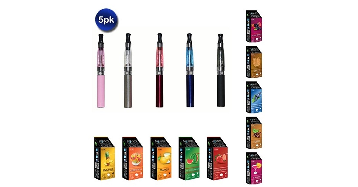 5 Pack: 10 mL Premium E-Liquid with E-Cig Vaporizer - 2 Colors