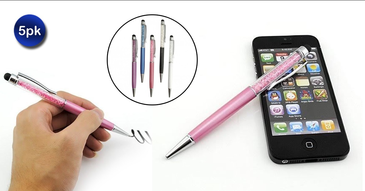 5-Pack: 2-in-1 Crystal Stylus Pen - Assorted Colors