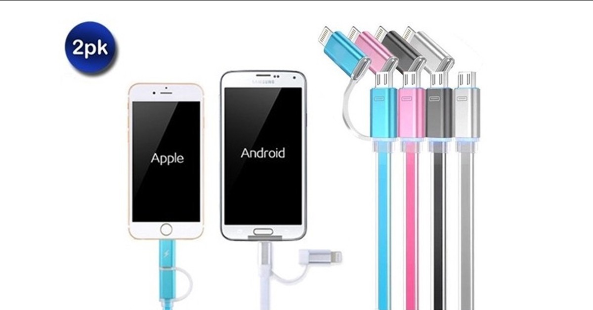 2 Pack: 2-in-1 Universal 8-Pin / Micro USB Charging Cable - 4 Colors