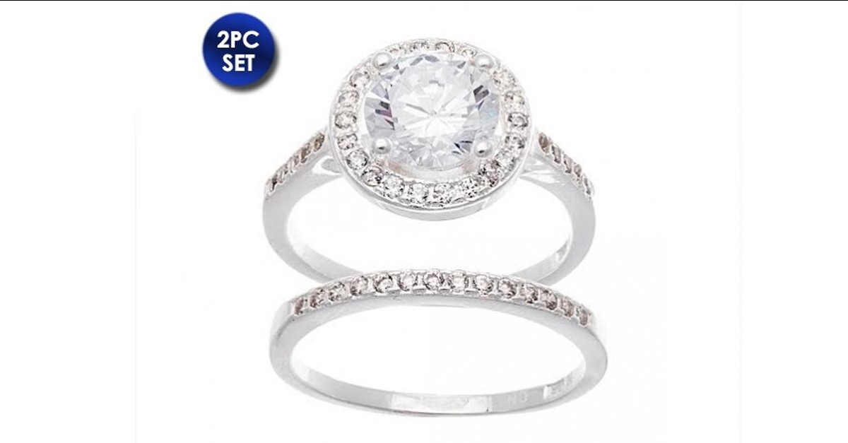 2 Piece Set: Simulated Diamond Sterling Silver Engagement Ring