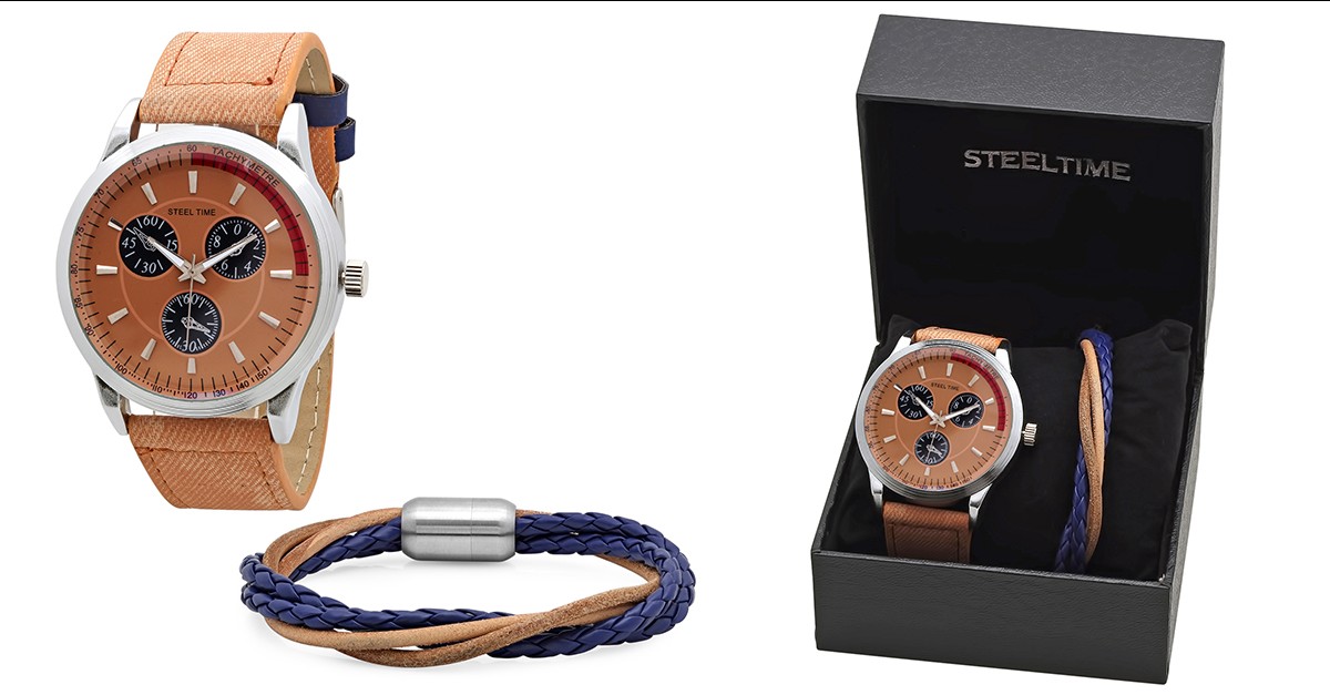 2 Piece Steeltime Men's Watch and Leather Bracelet Set