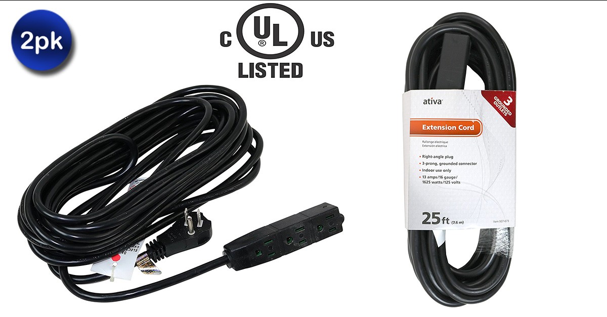 2 Pack: Ativa Right-Angle Plug 25 Foot Extension Cord