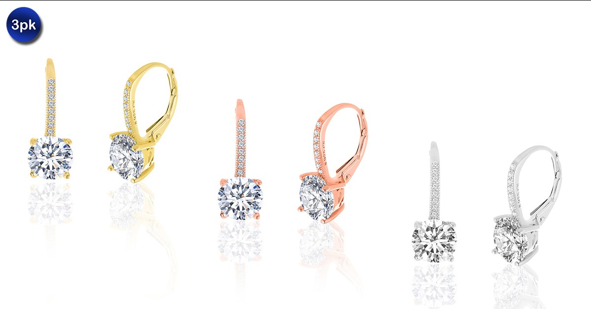 3 Pack: Crystal Leverback Earrings in Sterling Silver