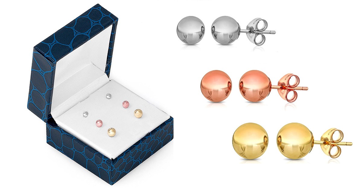 14k Solid Gold Ball Stud Earrings Set in Box