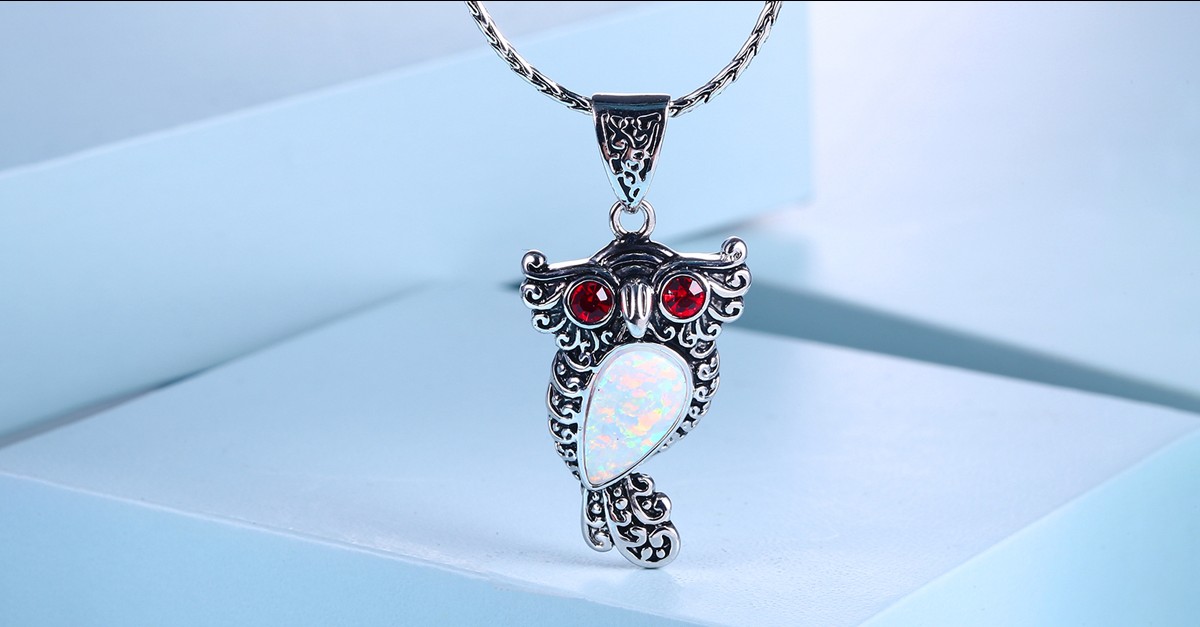 Rhodium Plated Genuine Fire Opal Owl Pendant
