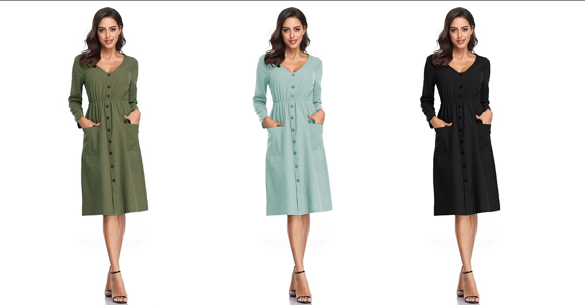 Long Sleeve Button Dress with Pockets - 5 Colors