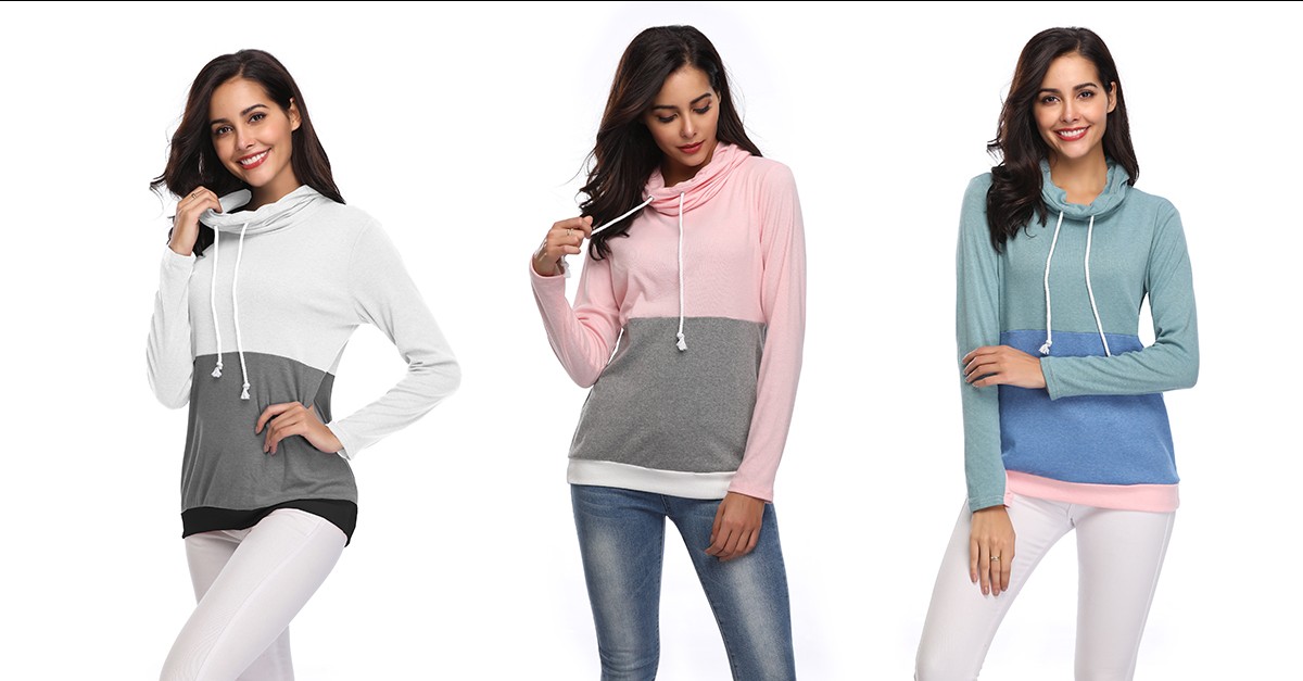 Two Tone Cowl Neck Pullover with Thumbholes - 4 Colors