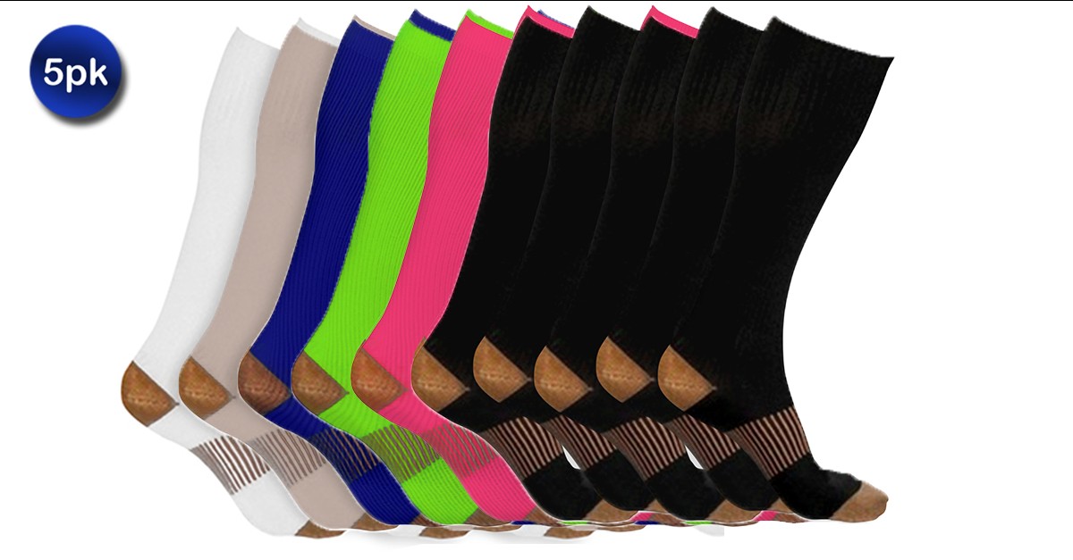 5 Pack: Unisex Copper-Infused Compression Socks