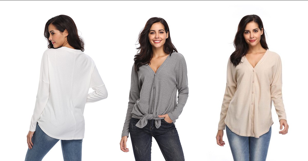 Lightweight Button Up V-Neck Top - 3 Colors