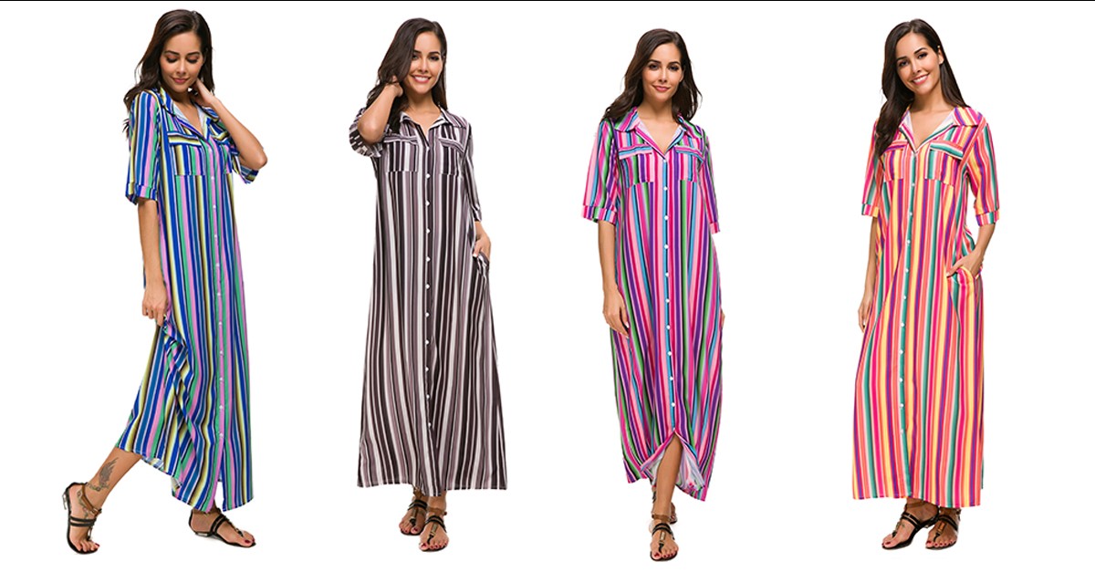 Boho Striped Buttoned Maxi Dress - 4 Colors