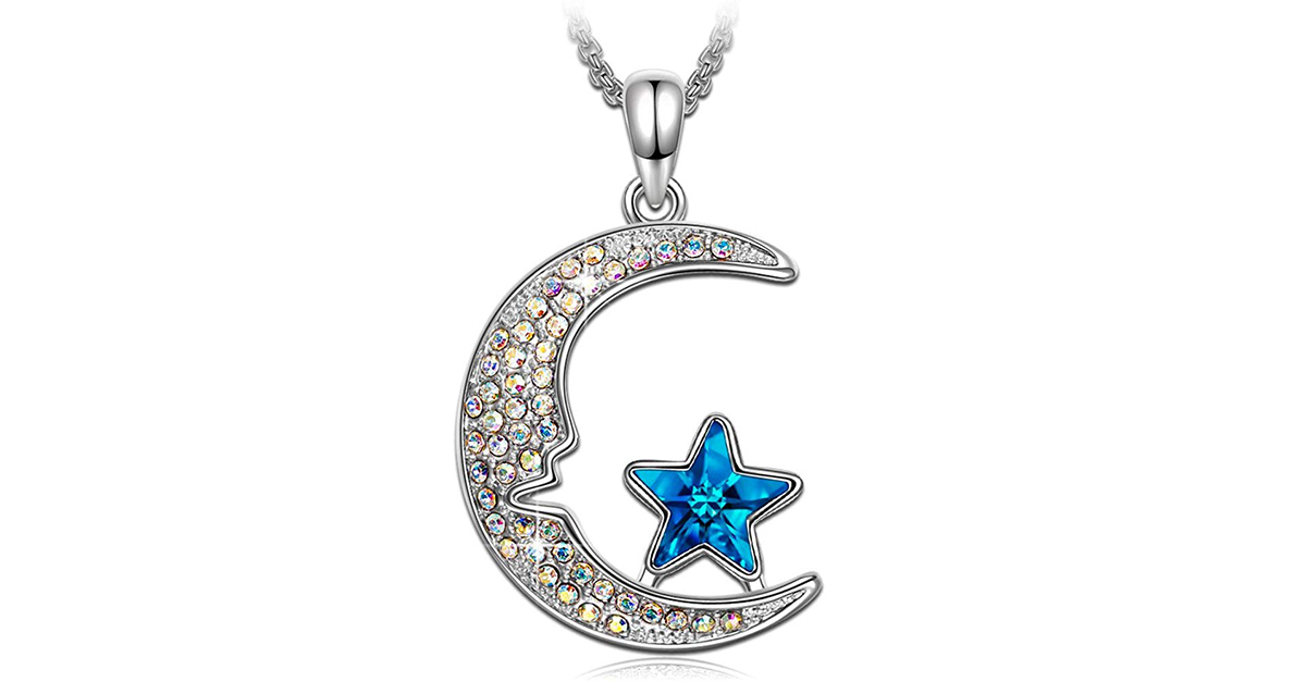 Aurora Borealis and Blue Crystal Moon Pav'e Pendant Necklace