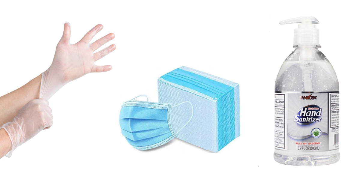 Set of 3-Ply Masks, Hand Sanitizer and Gloves - Multiple Options