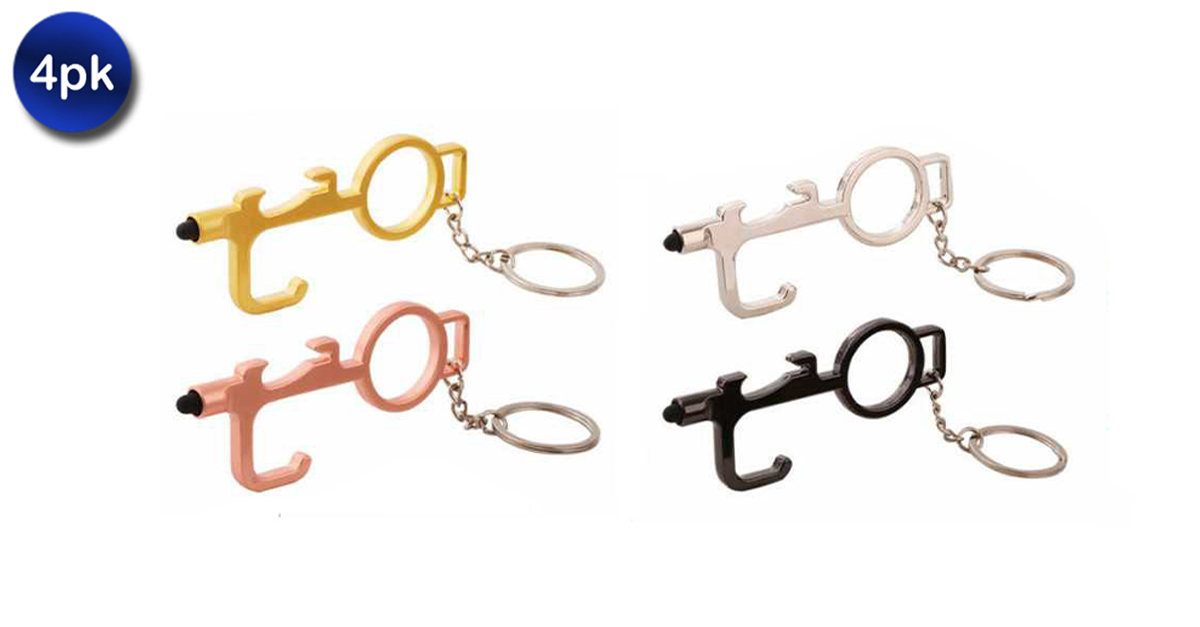 4 Pack: Touch-Free Door Opener Multi Purpose Keychain with Bottle Opener