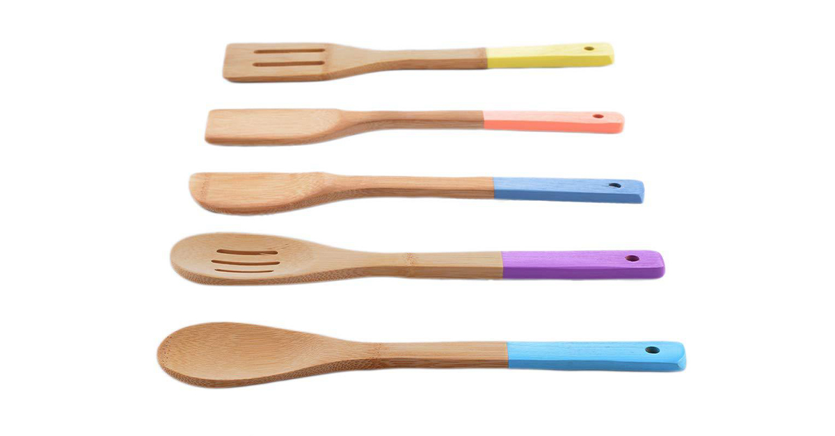 5 Piece Bamboo Colorful Kitchen Utensil Set
