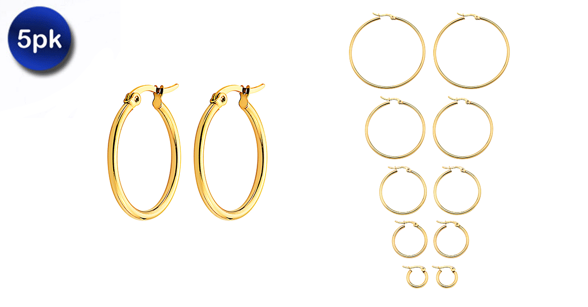 5 Pack: 18K Gold Hoops - 3 Colors