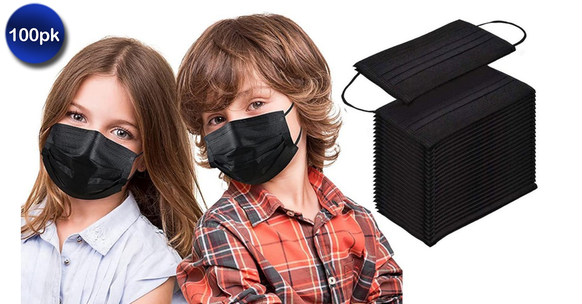 100 Pack: Kids Black Disposable Safety Face Masks
