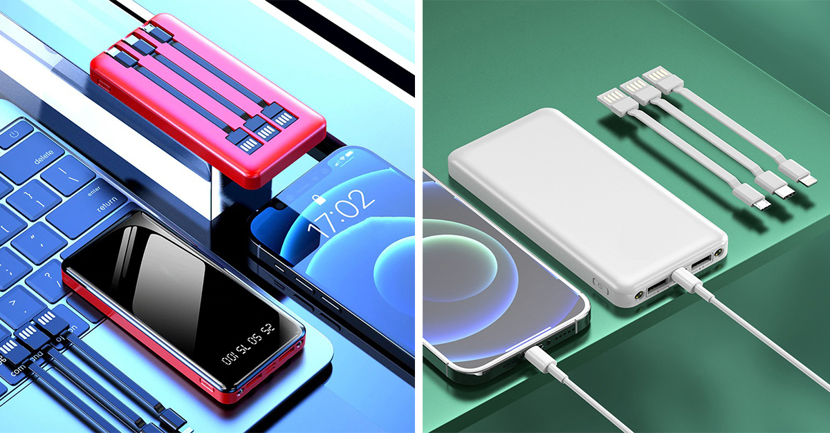 10,000mAh LED Power Bank With Detachable Cables - 3 Colors