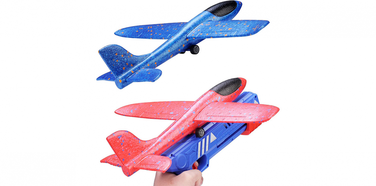 (2 Pack) Airplane Foam Glider Toy Set with Launcher