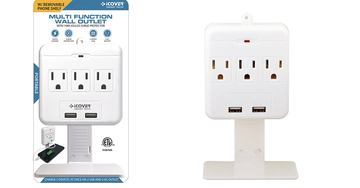 3-Outlet Surge Protector with 2 USB Ports & Removable Shelf