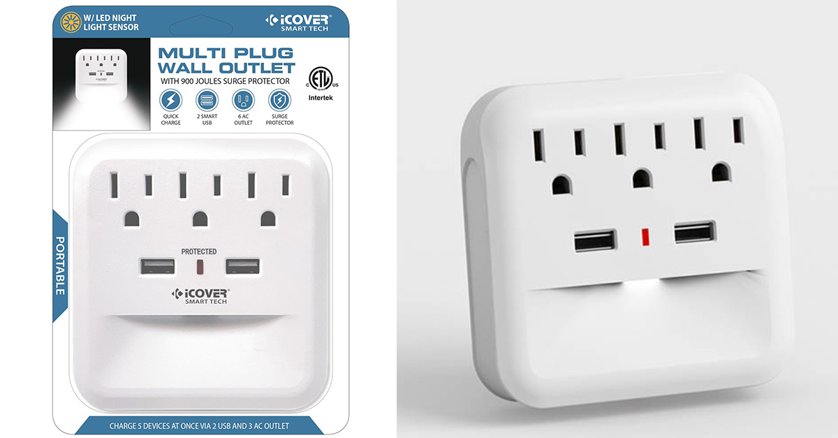 5-Port Wall Outlet with LED Nightlight