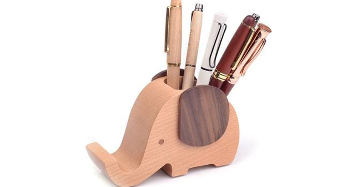 Wooden Elephant Phone Stand w/Pen Holder