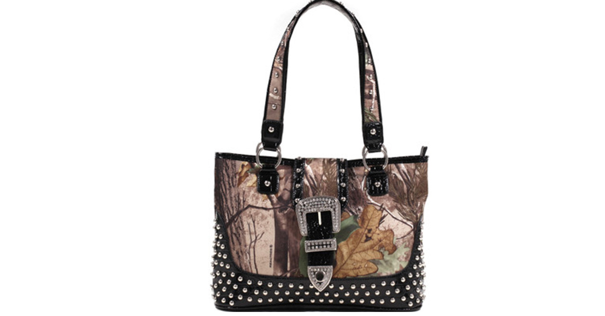 Studded Tote in Camouflage with Croco Trim and Buckle
