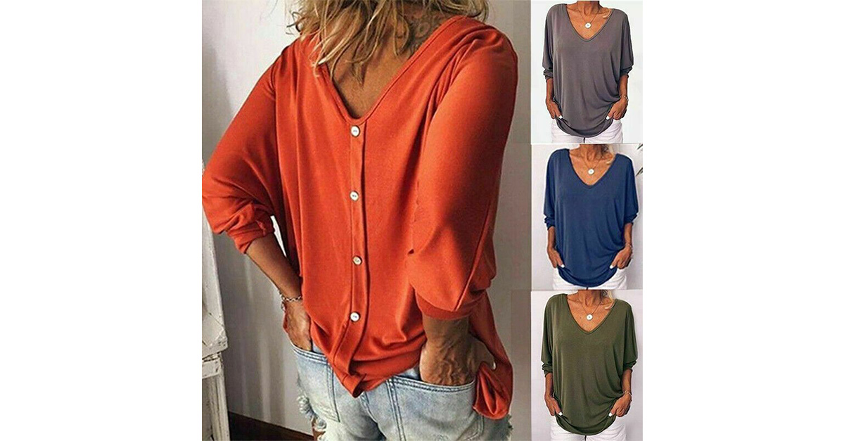 Women's V Neck Loose Top With Back Buttons